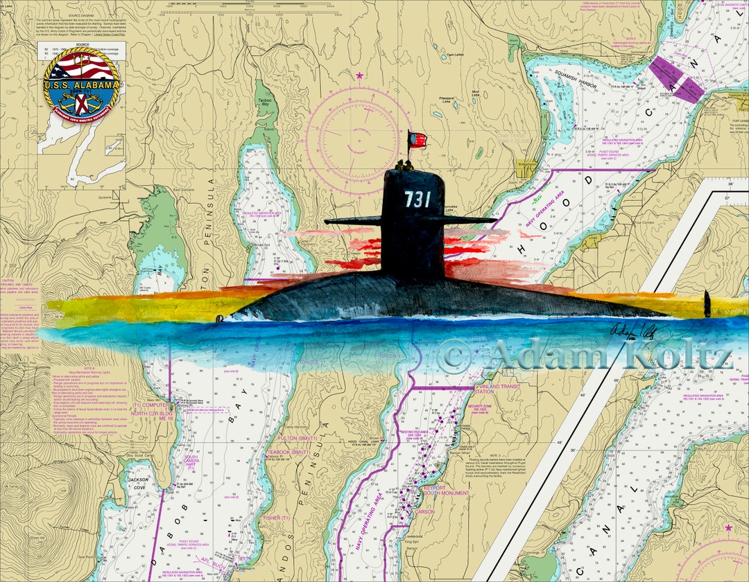 USS Alabama SSBN-731 Giclée Print of Watercolor on Nautical Chart of ...