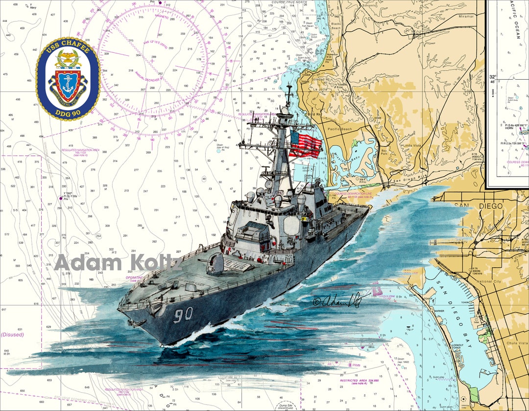 USS Chafee DDG-90 Giclée Print on San Diego Chart by Marine Artist and ...