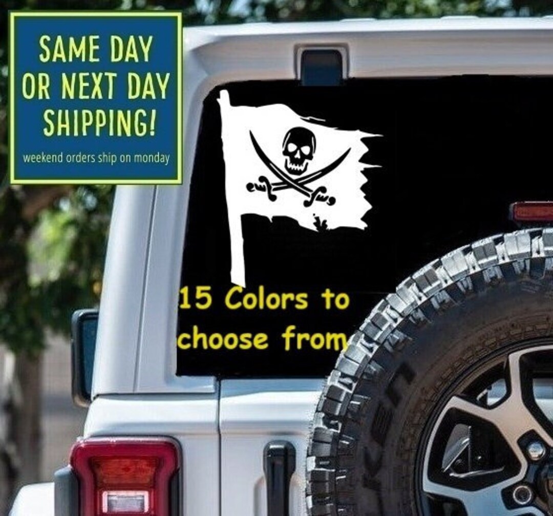 PIRATE SKULL SWORDS Tattered Flag Sticker Decal Car Window MacBook ...