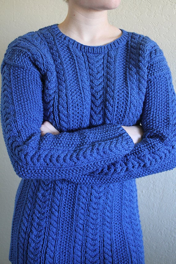 Blue Hand Knitted Sweater. Winter Sweater With Cables. Unisex Sweater ...