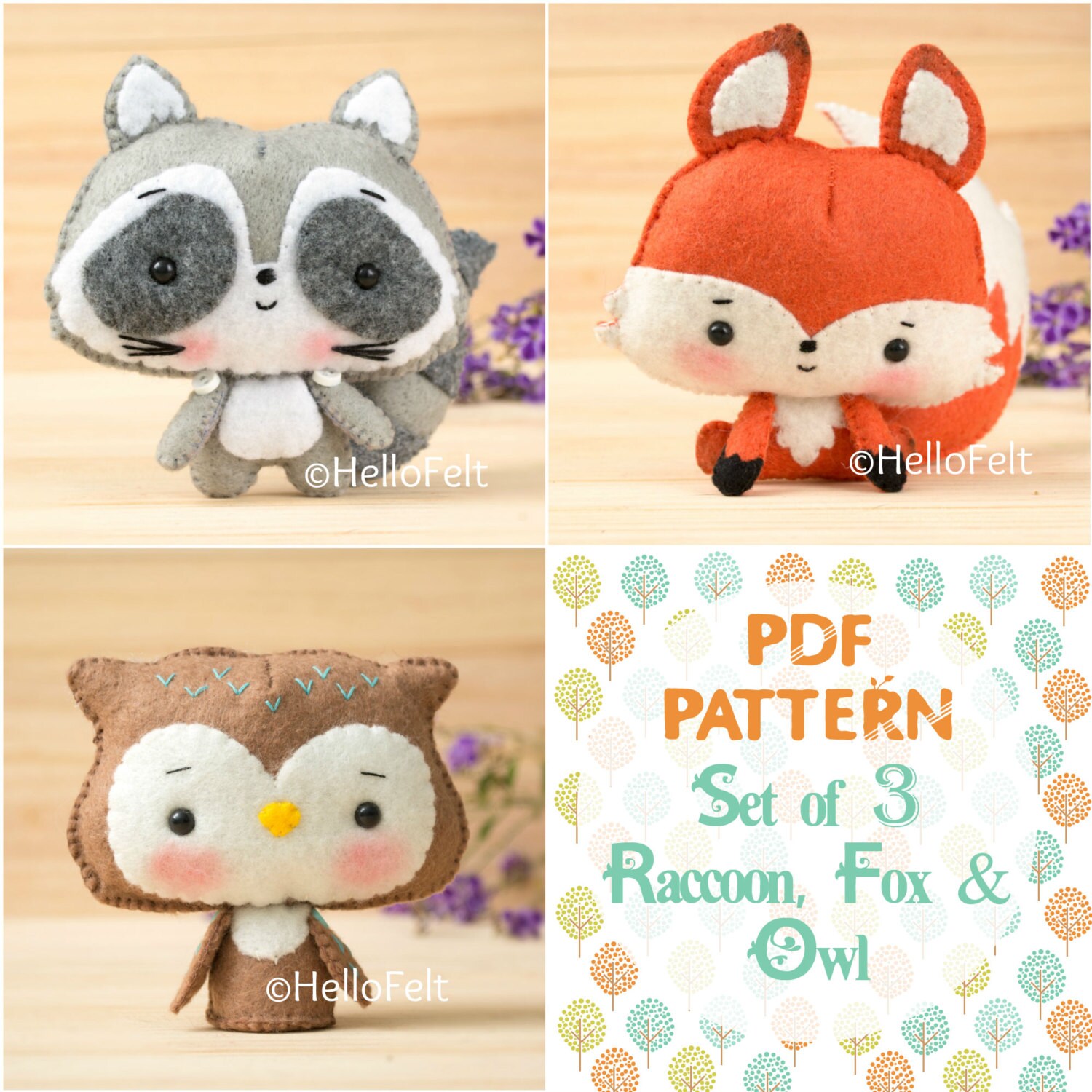 PDF PATTERN: Set of 3 Woodland Animals Fox Owl Raccoon | Etsy