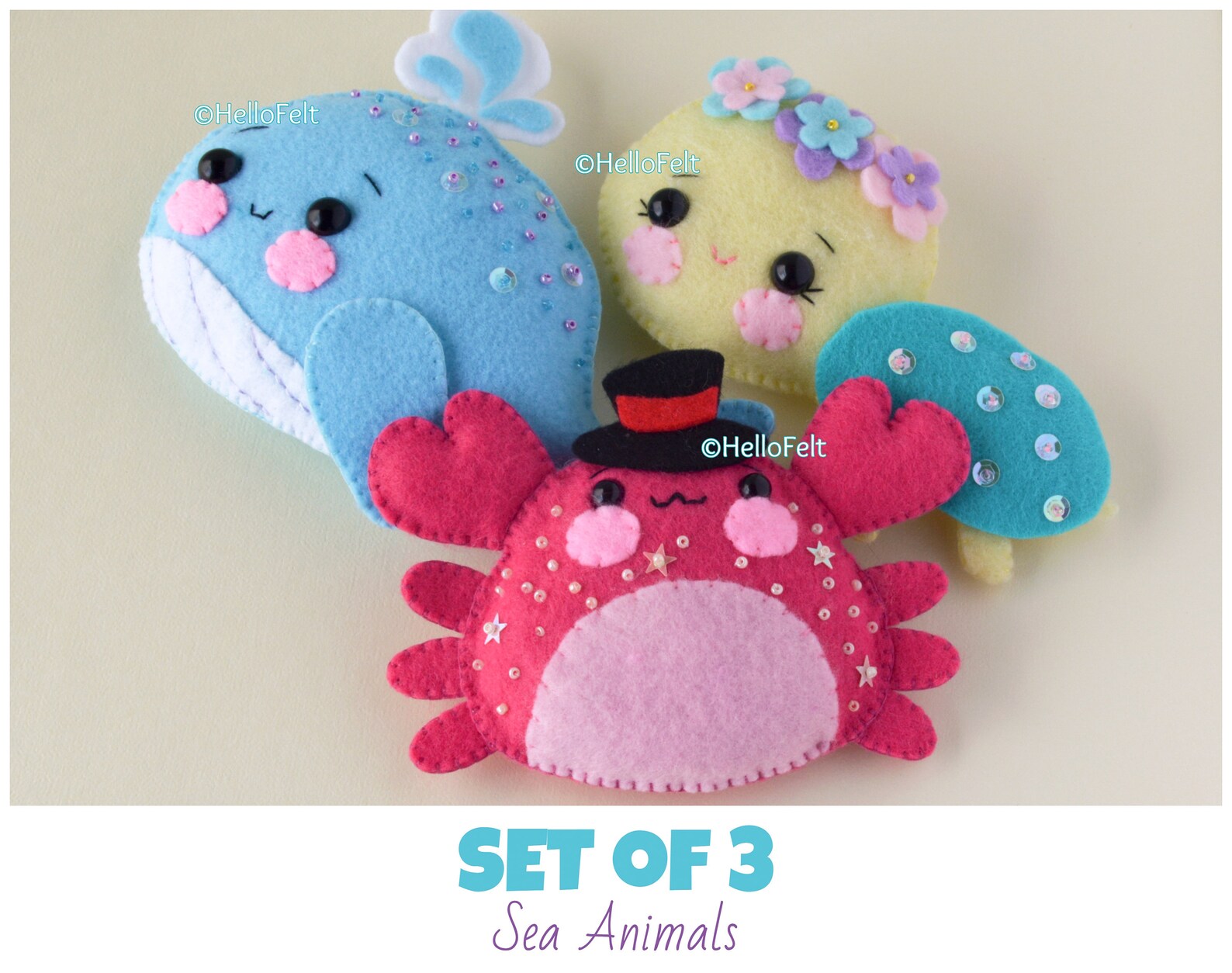PDF PATTERN: Set of 3 Felt Sea Animals Whale Crab Turtle. - Etsy