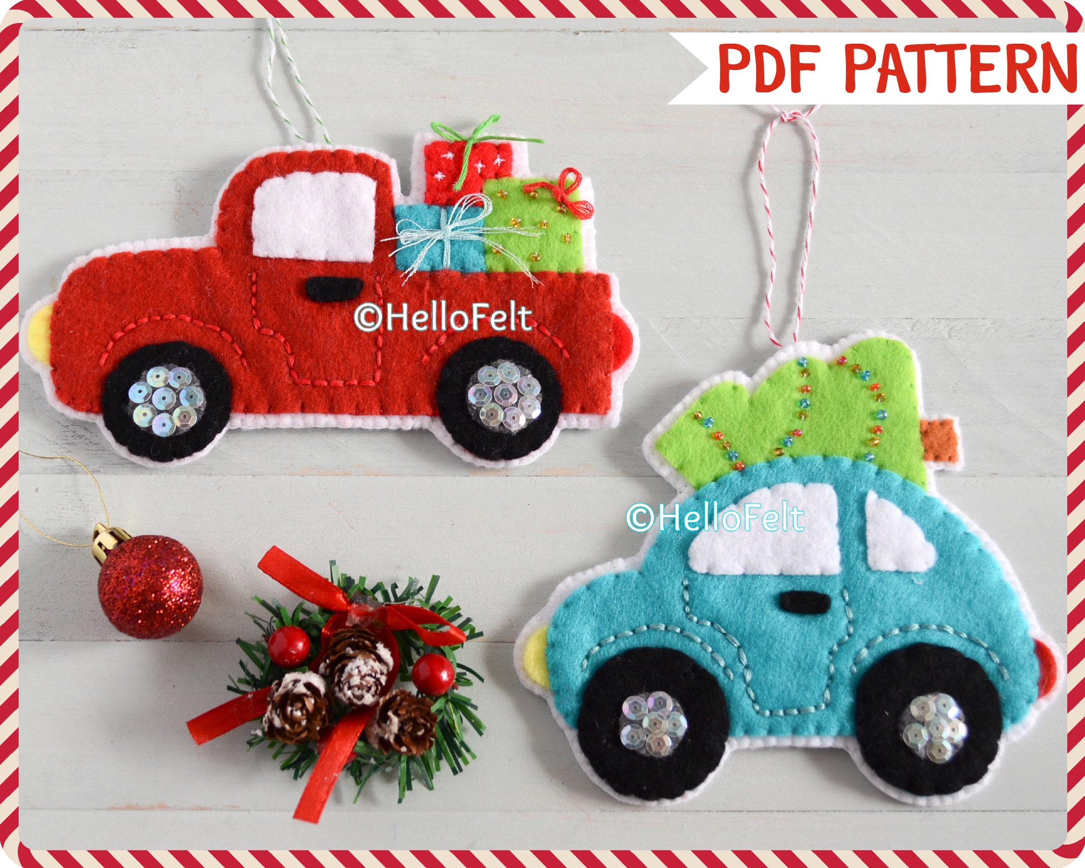 PDF PATTERN: Christmas Car. Felt Christmas Ornaments Pattern. Tree ...