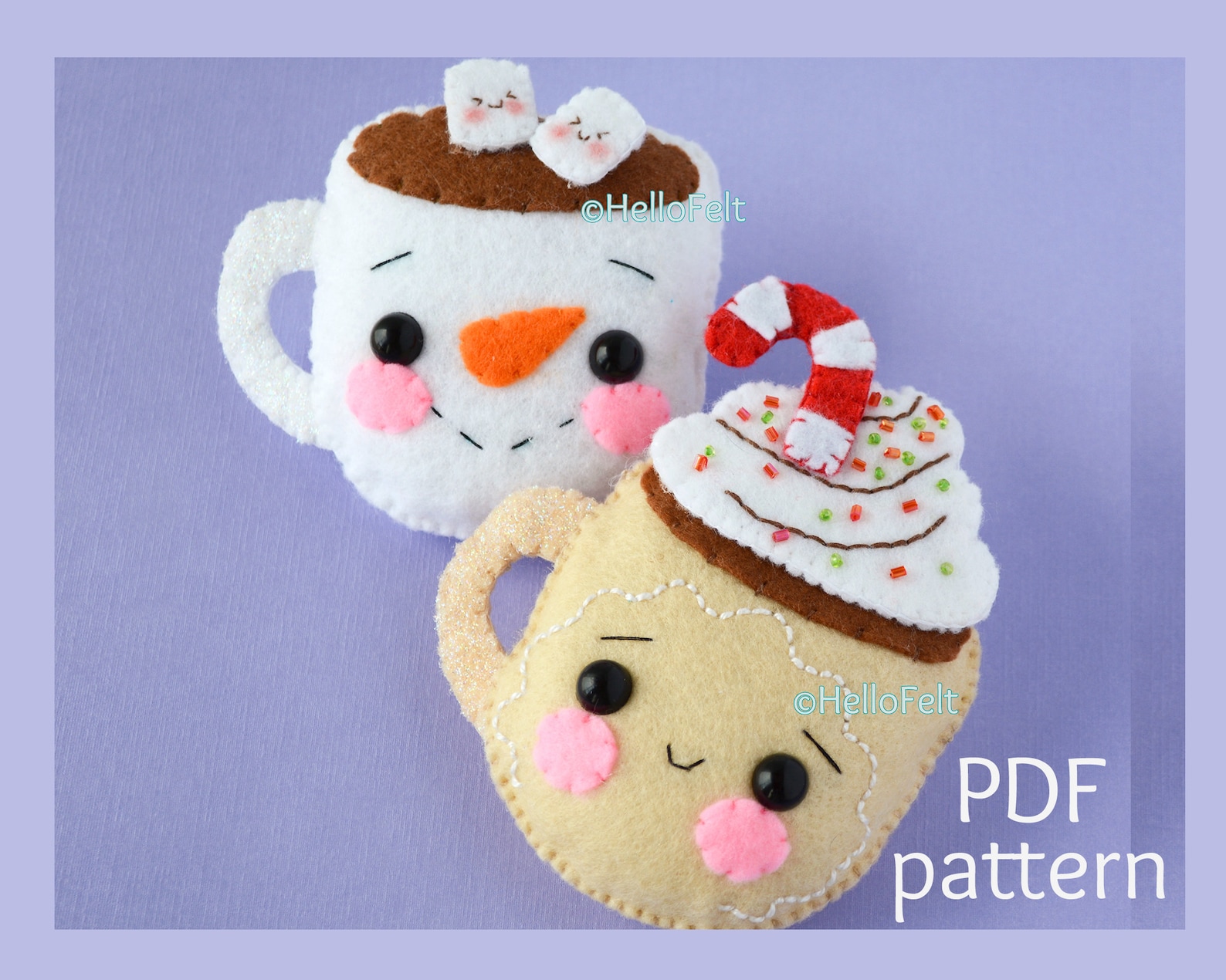 PDF PATTERN: Cute Christmas Mugs. Felt Christmas Ornaments Pattern ...