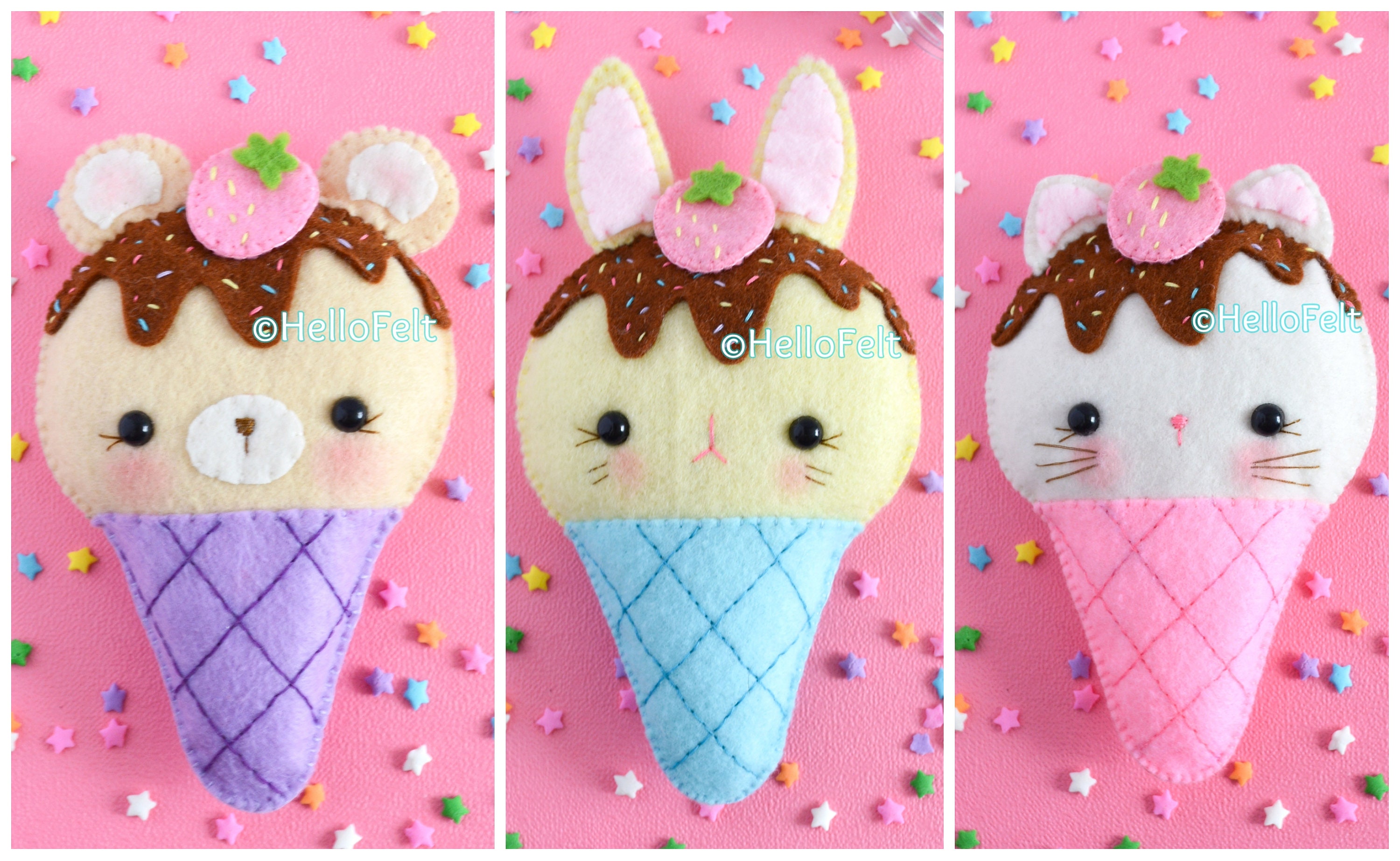 PDF PATTERN: Felt Ice Creams Bear Kitty Bunny. Felt Doll | Etsy