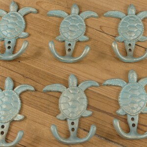 6 Cast Iron Sea Turtle Double Hooks, Patina, Coat Hooks, Towel Hook ...