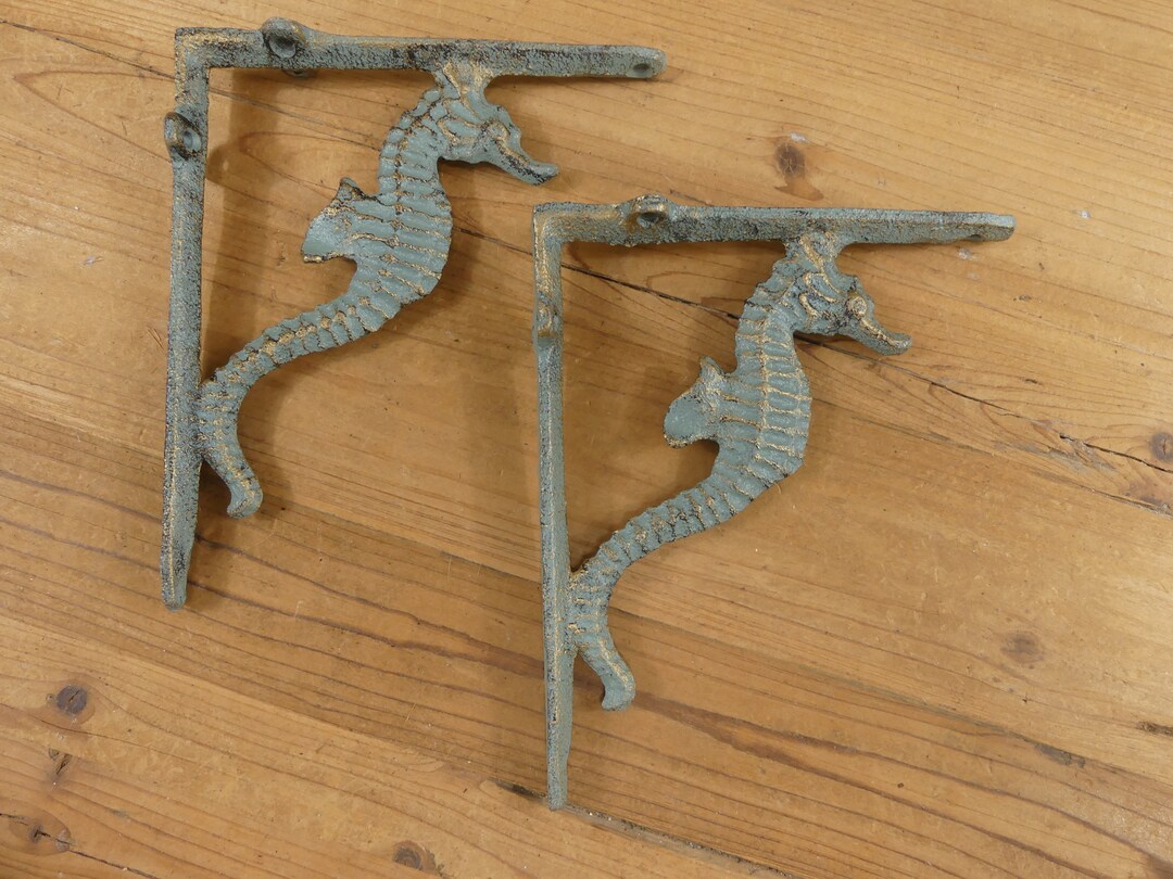 2 Cast Iron Nautical SEAHORSE Brackets Sea Horse Braces Shelf Bracket ...