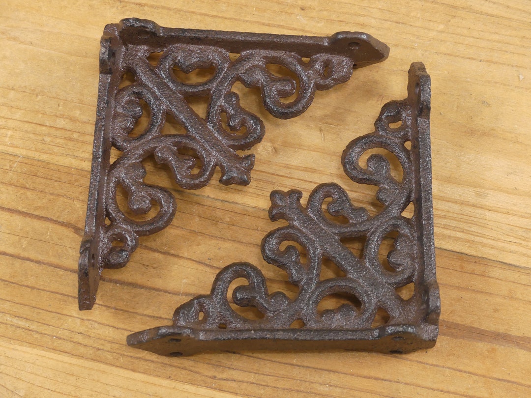 2 Cast Iron Brackets, Antique Style, Rustic Brown Color, Bookshelf Bracket, Brace, Corbel, Small ...
