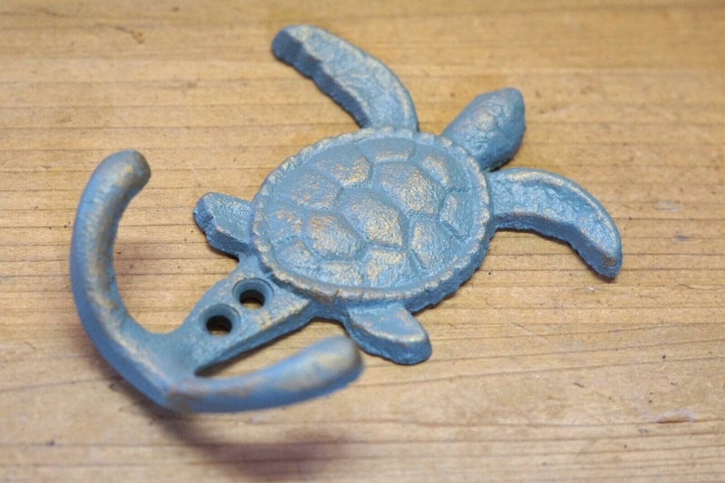 6 Cast Iron Sea Turtle Double Hooks Patina Coat Hooks Towel - Etsy