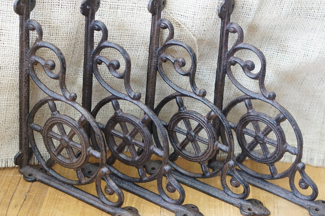 4 Cast Iron Shelf Brackets Nautical Ship Wheel Sea Captain Rustic ...