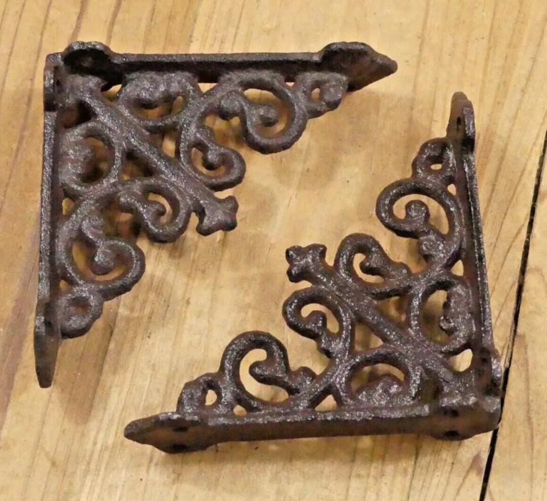 2 Cast Iron Brackets, Antique Style, Rustic Brown Color, Bookshelf Bracket, Brace, Corbel, Small ...