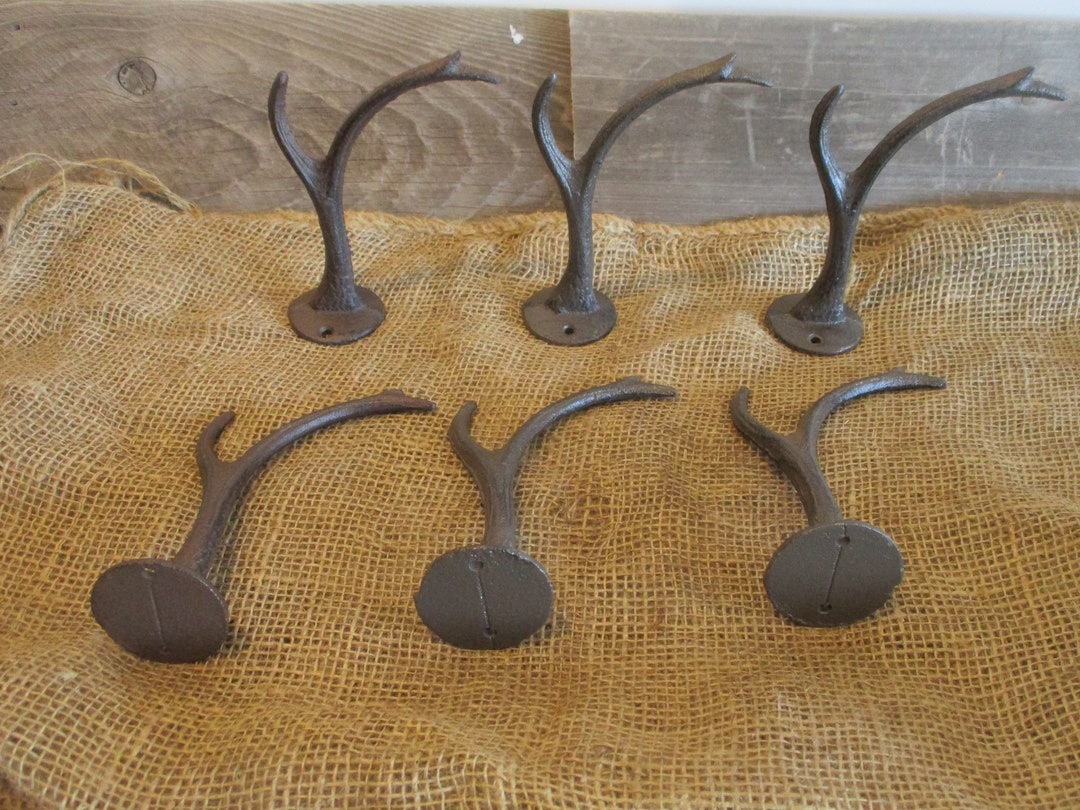 6 Cast Iron Antler Hooks Deer Elk Coat Hat Hall Tree Entry Way Mud Room ...