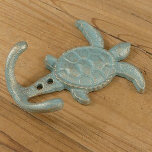 6 Cast Iron Sea Turtle Double Hooks, Patina, Coat Hooks, Towel Hook ...