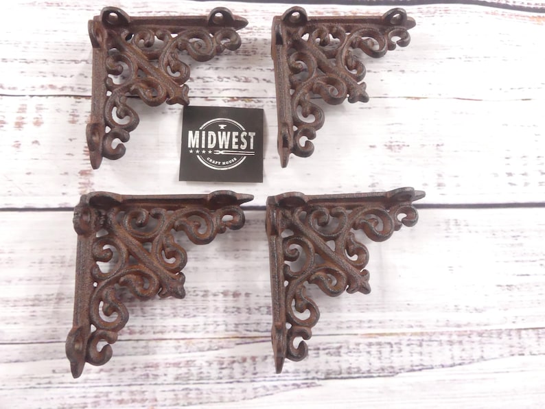 4 Cast Iron Brackets, Antique Style, Rustic Brown Color, Bookshelf ...