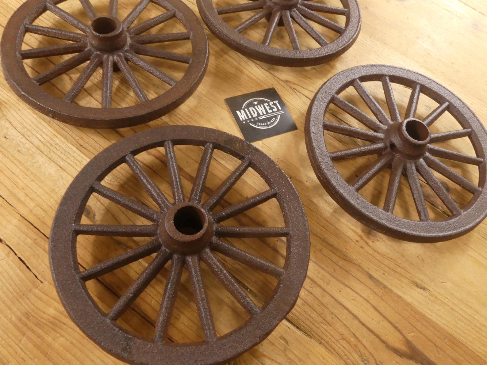 4 SMALL CAST IRON Wagon Wheel, 6 3/4" Diameter, Cart, Factory, Table ...