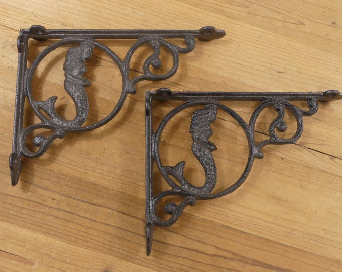 2 Cast Iron Nautical Mermaid Brackets, Braces, Corbels, Bookshelf ...