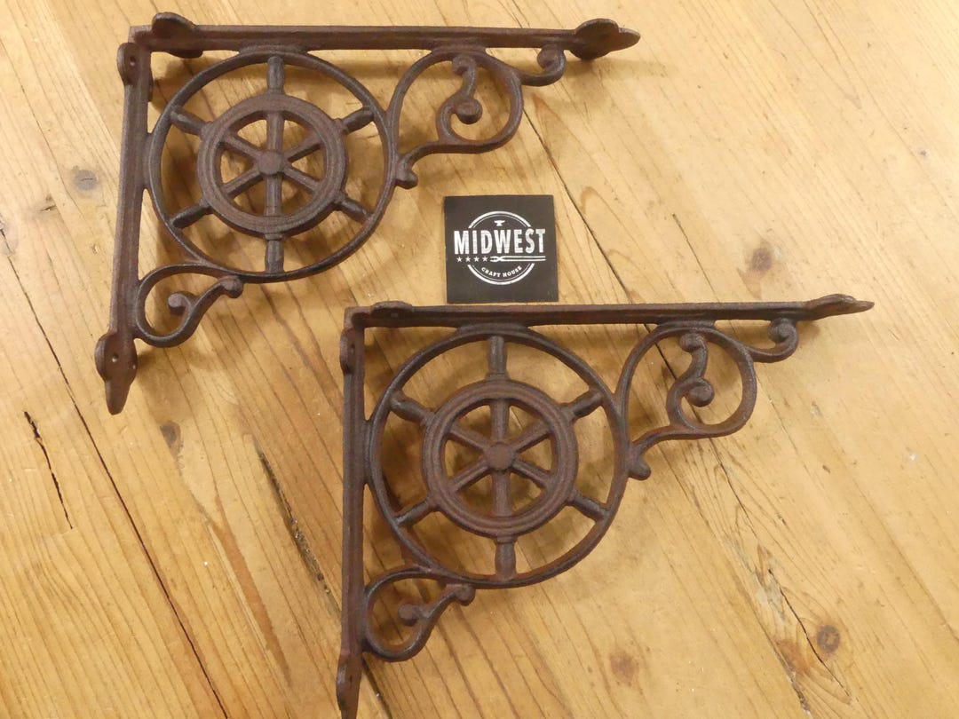 2 Cast Iron Shelf Brackets Nautical Ship Wheel Sea Captain Rustic ...