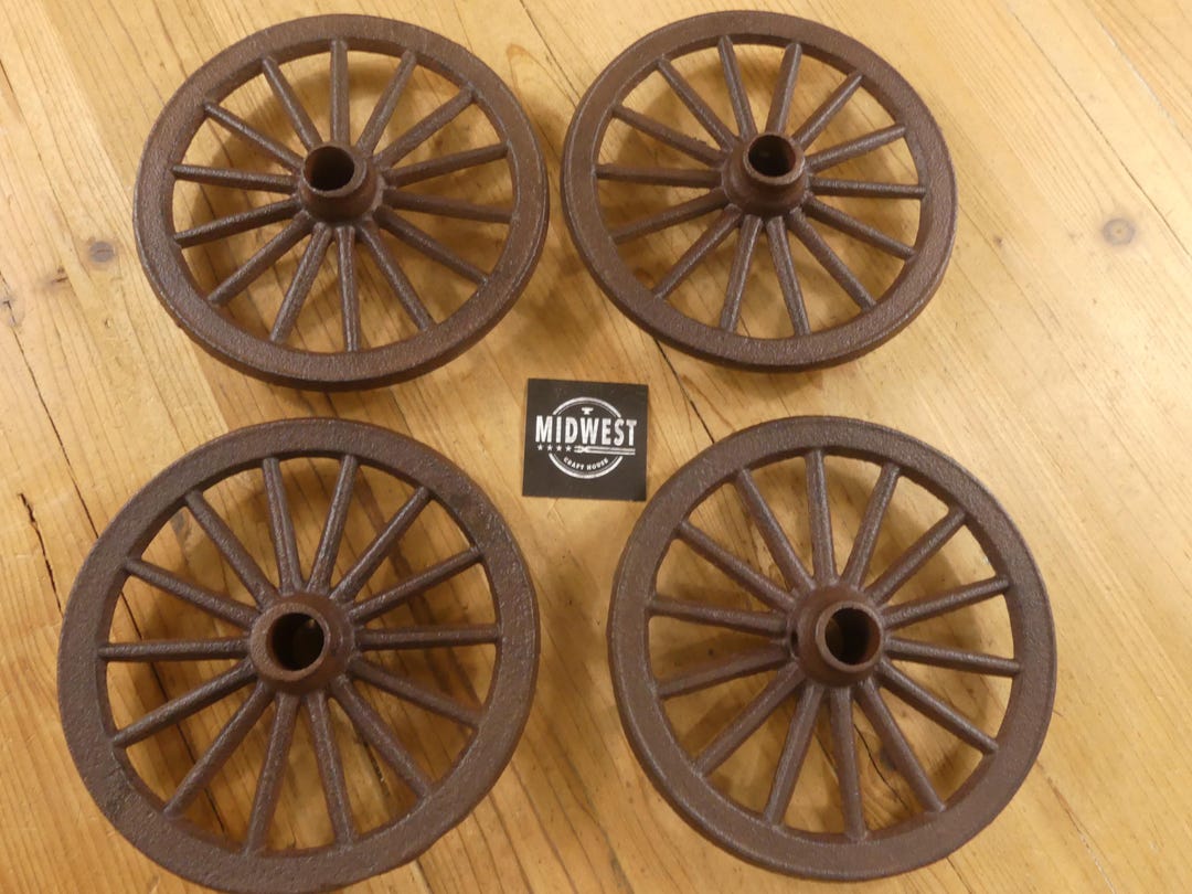 4 SMALL CAST IRON Wagon Wheel, 6 3/4" Diameter, Cart, Factory, Table ...