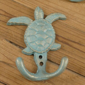 6 Cast Iron Sea Turtle Double Hooks, Patina, Coat Hooks, Towel Hook ...