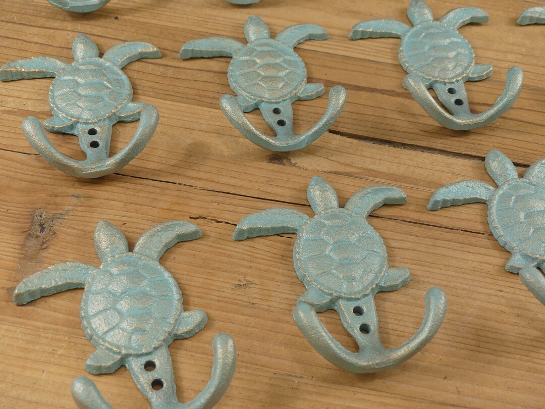 6 Cast Iron Sea Turtle Double Hooks, Patina, Coat Hooks, Towel Hook ...