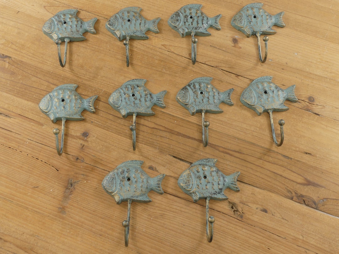 10 Cast Iron FISH Hooks, Coat Hooks, Hat, Towel, Sunfish, Nautical ...