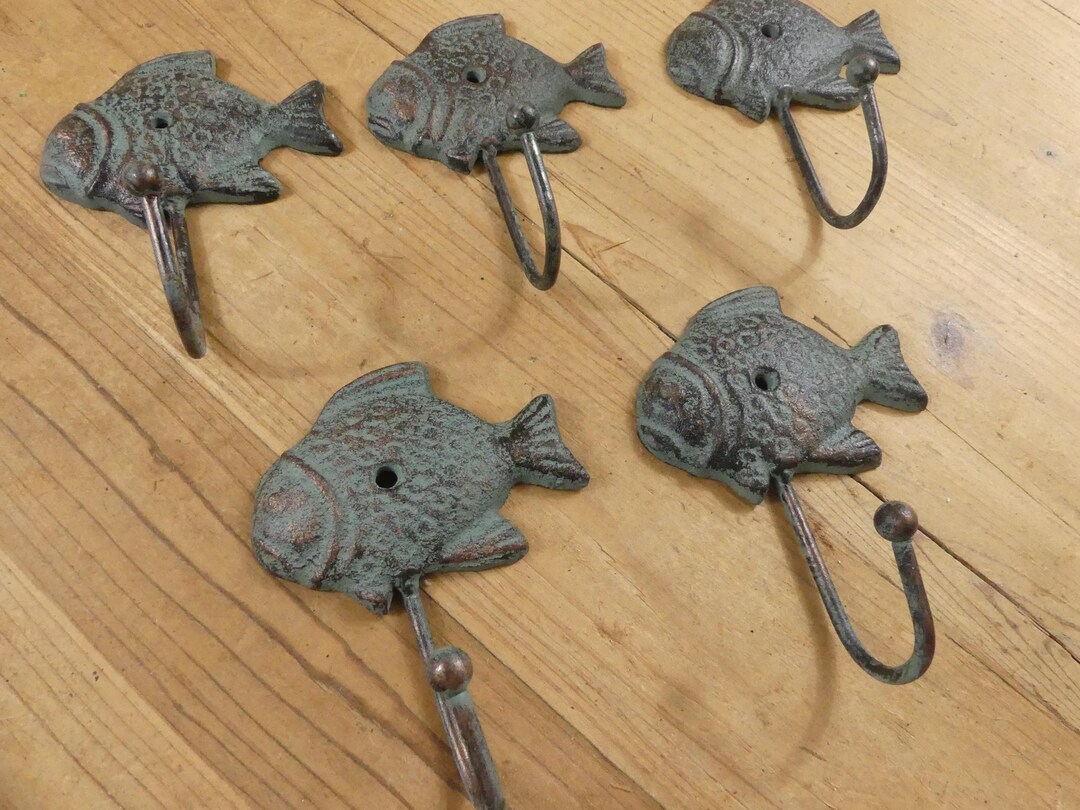 5 Cast Iron FISH Hooks, Coat Hooks, Hat, Towel, Sunfish, Nautical ...