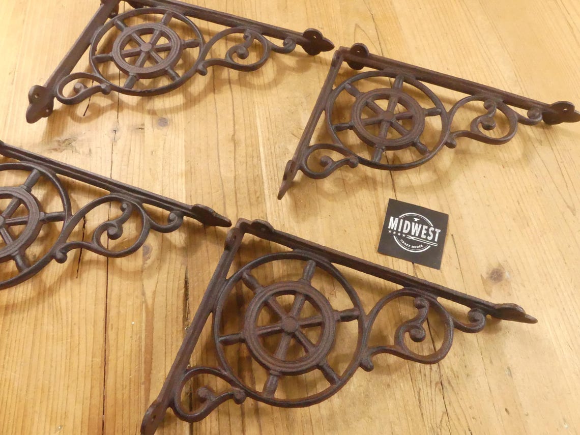 4 Cast Iron Shelf Brackets Nautical Ship Wheel Sea Captain Rustic ...