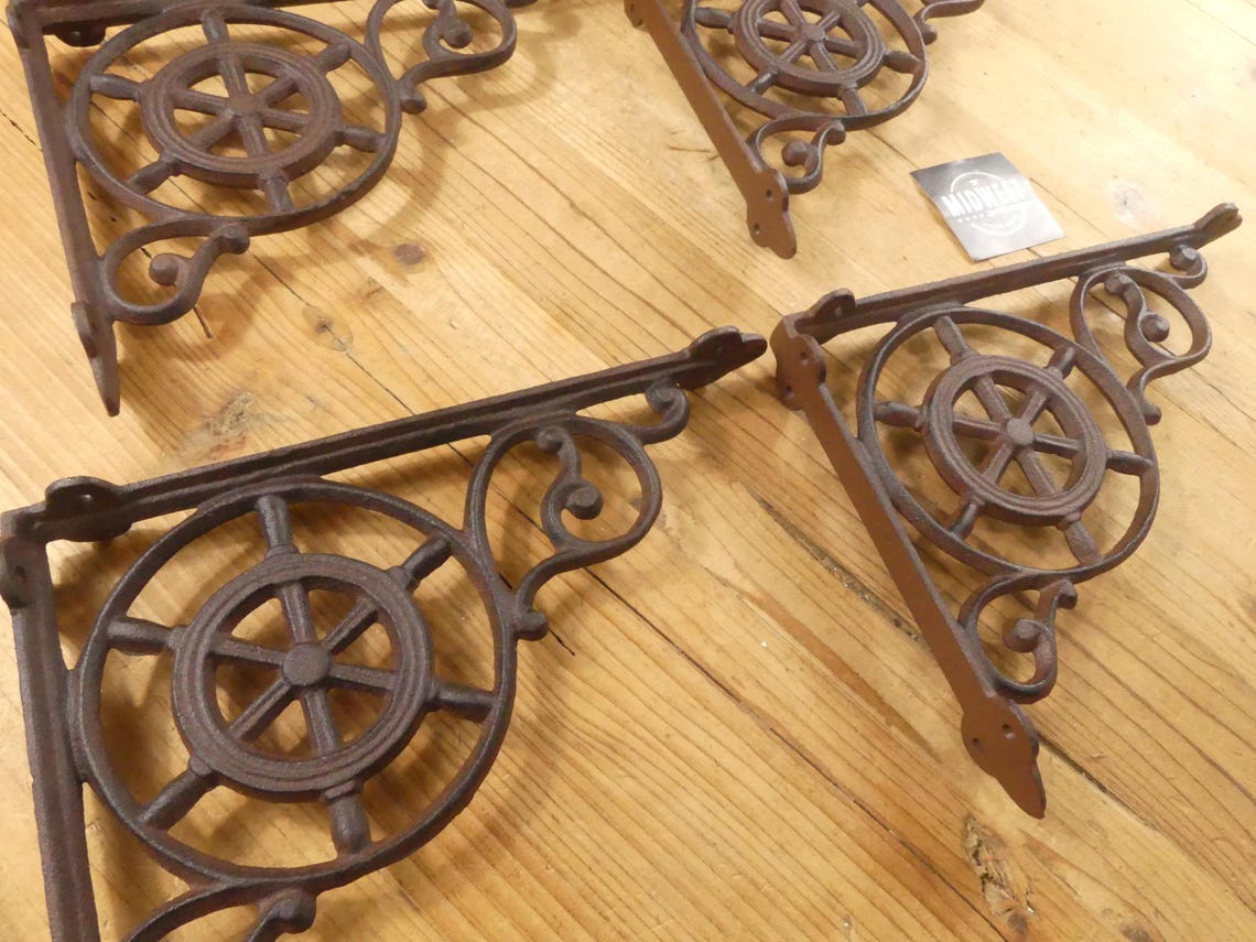4 Cast Iron Shelf Brackets Nautical Ship Wheel Sea Captain Rustic ...