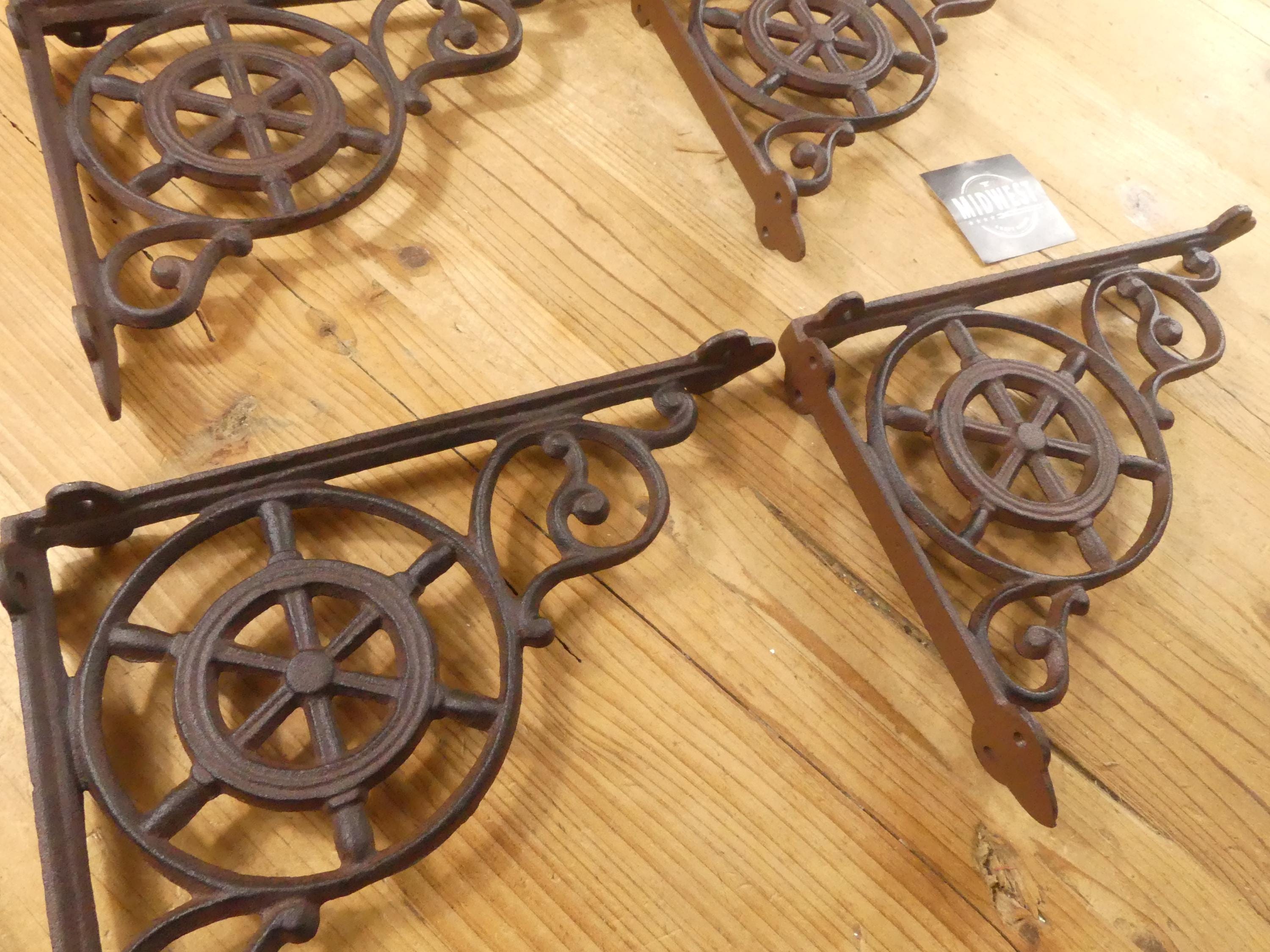 4 Cast Iron Shelf Brackets Nautical Ship Wheel Sea Captain Rustic ...