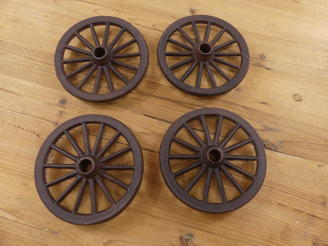 4 SMALL CAST IRON Wagon Wheel, 6 3/4" Diameter, Cart, Factory, Table ...