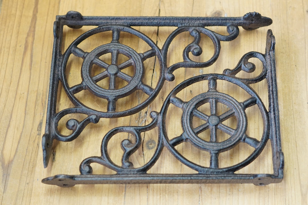 2 Cast Iron Shelf Brackets Nautical Ship Wheel Sea Captain Rustic ...