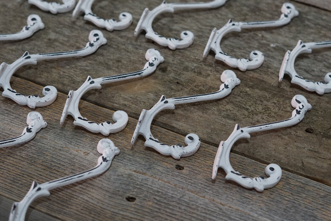 Set of 12 Antique White, Cast Iron, Wall Mounted Hooks (with Screws ...
