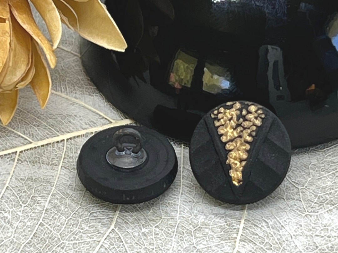 Black Gold Floral Czech Glass Button Round Black Gold Flowers Czech ...