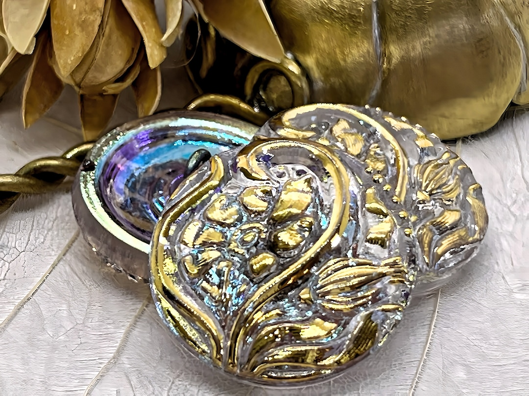 Czech Glass Button in Blue Gold Floral Design | Ideal for Crafts ...
