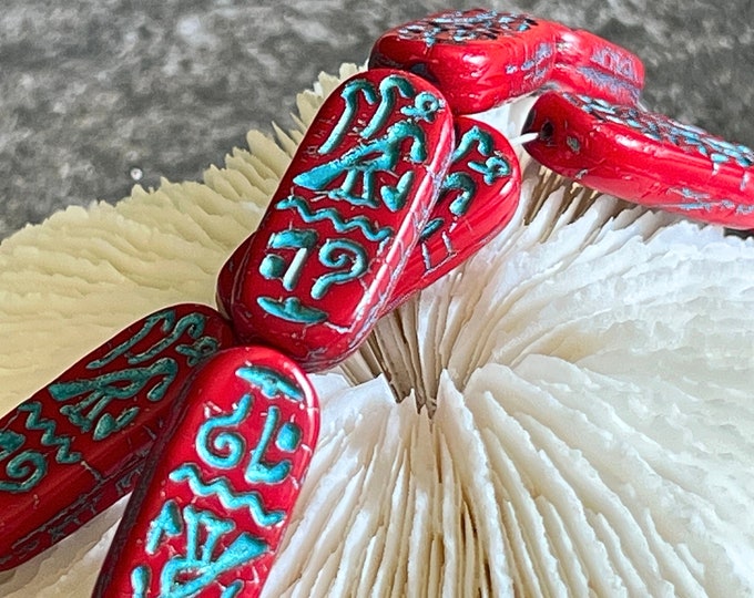 Red Aqua Wash Egyptian Revival Cartouche Red Blue Wash Czech Glass ...