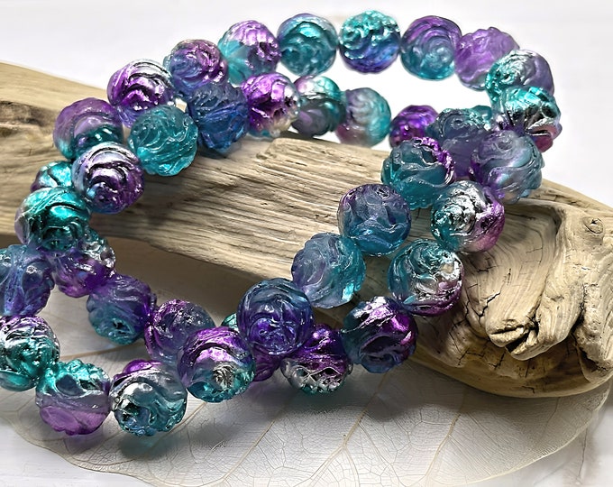 Purple Aqua Blue Roses Czech Glass Beads Purple Aqua Blue Flower Glass ...