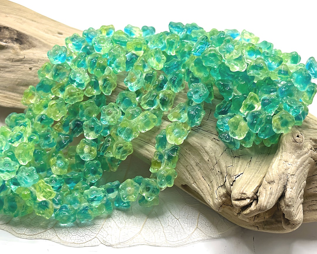 Glass Beads Green Blue Button Flower Beads Vaseline Czech Beads Flower ...