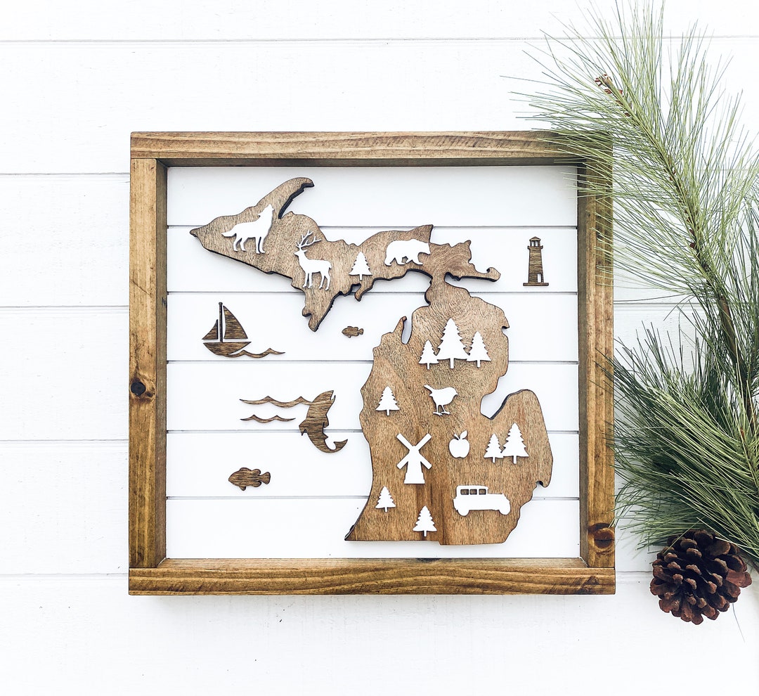 Michigan Sign Michigan Map Style Framed Sign Michigan Cut Out Icons 13. ...