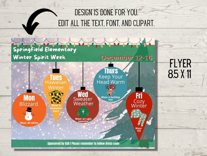 Winter Spirit Week School Flyer, Editable Printable Digital Template ...