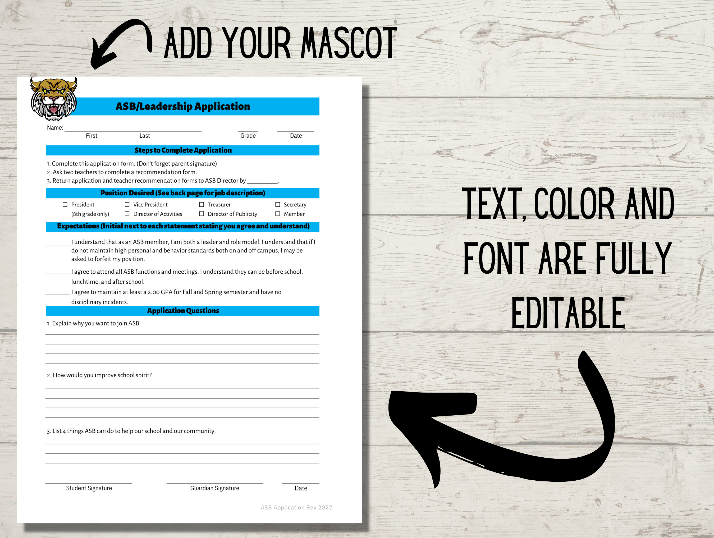 ASB Leadership Application Form, Editable Template | Printable ...