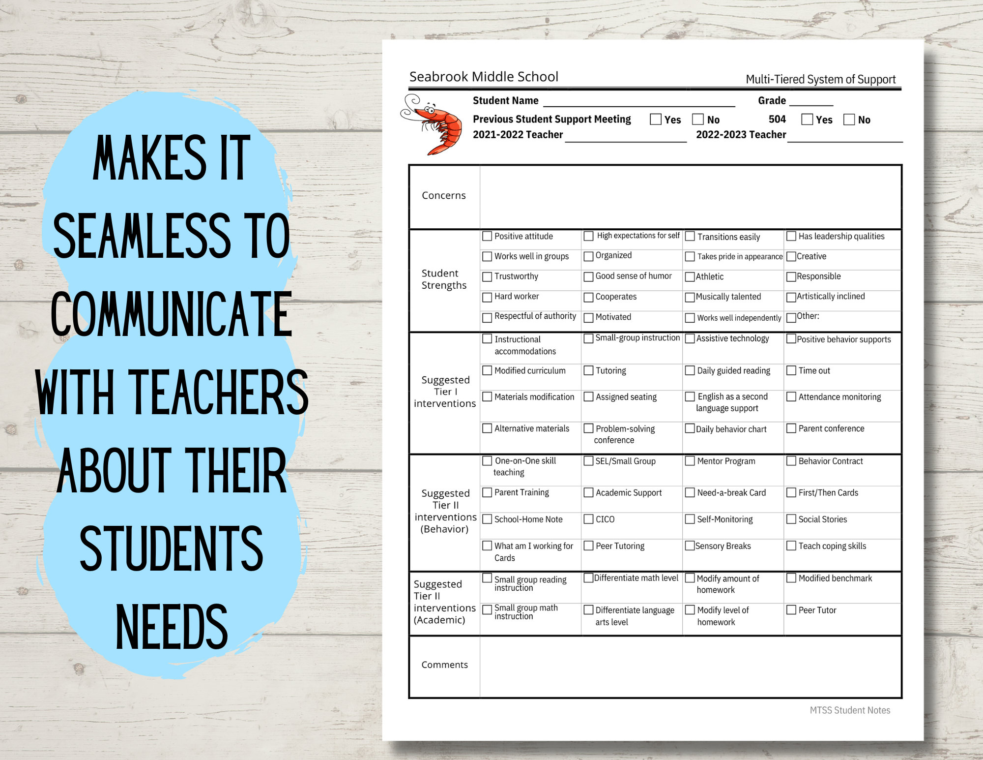 MTSS Student Notes Form Customizable Printable for Counselors and ...