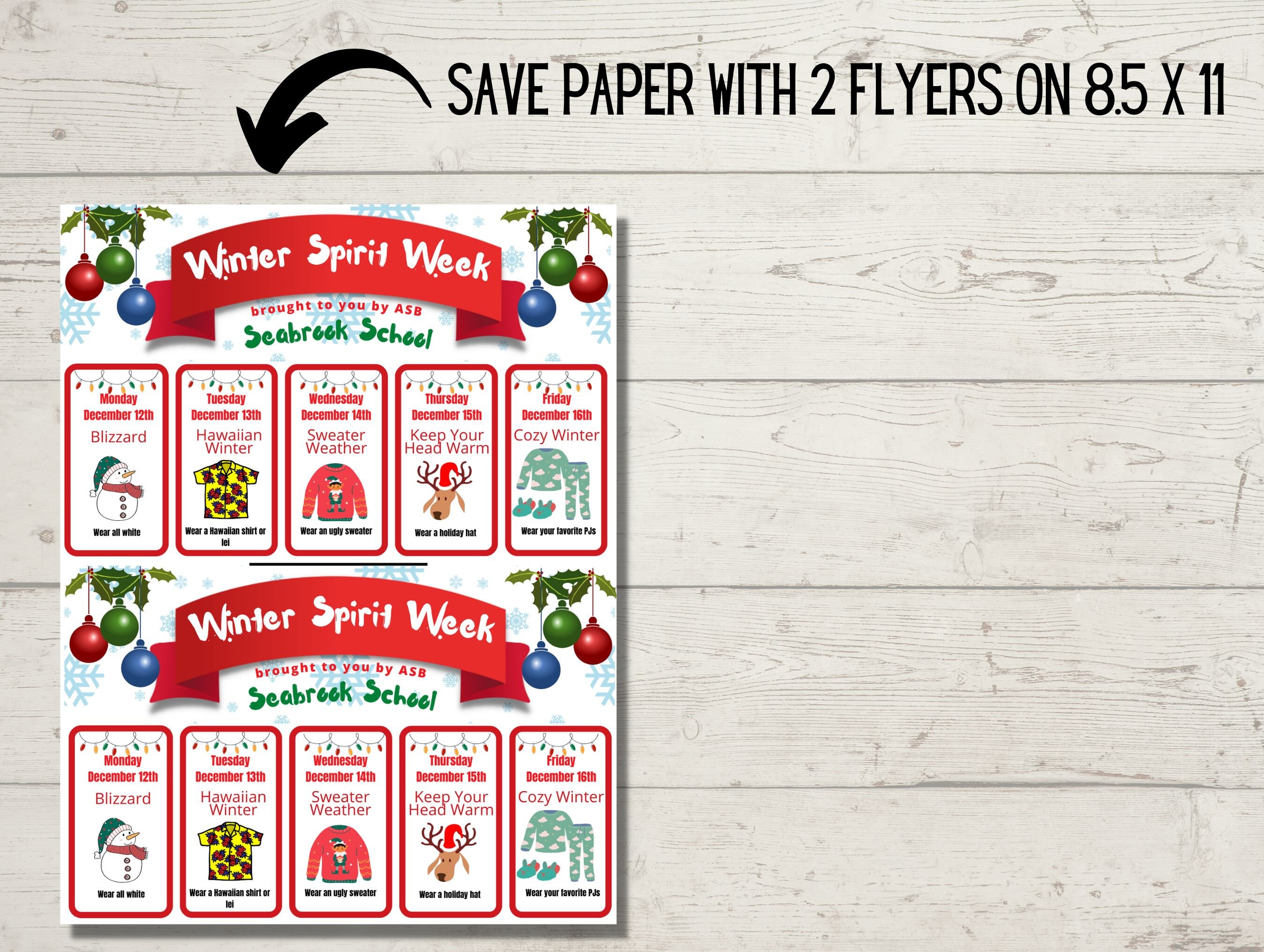 Winter Christmas Spirit Week School Flyer, Editable Printable Digital ...