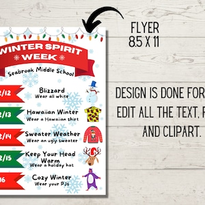 Winter Spirit Week School Flyer, Editable Printable Digital Template ...