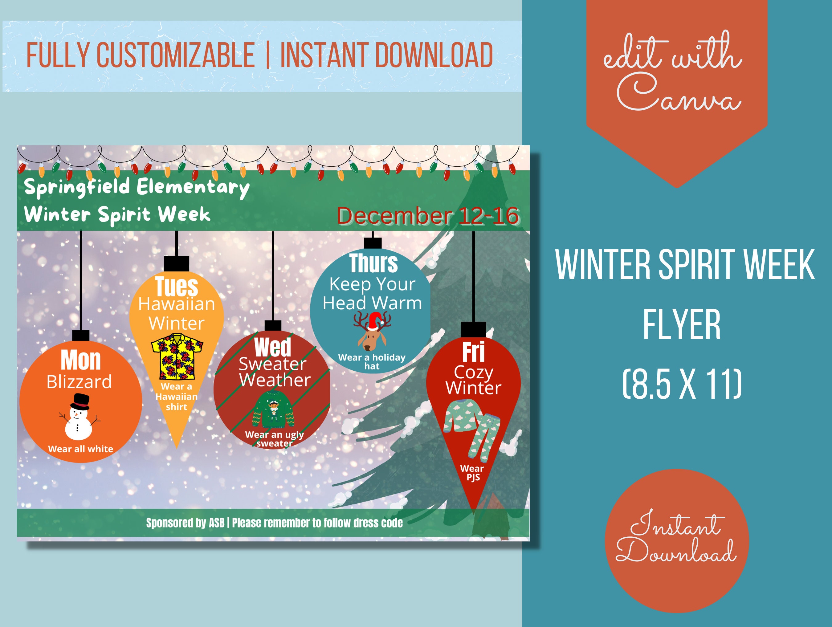 Winter Spirit Week School Flyer, Editable Printable Digital Template ...