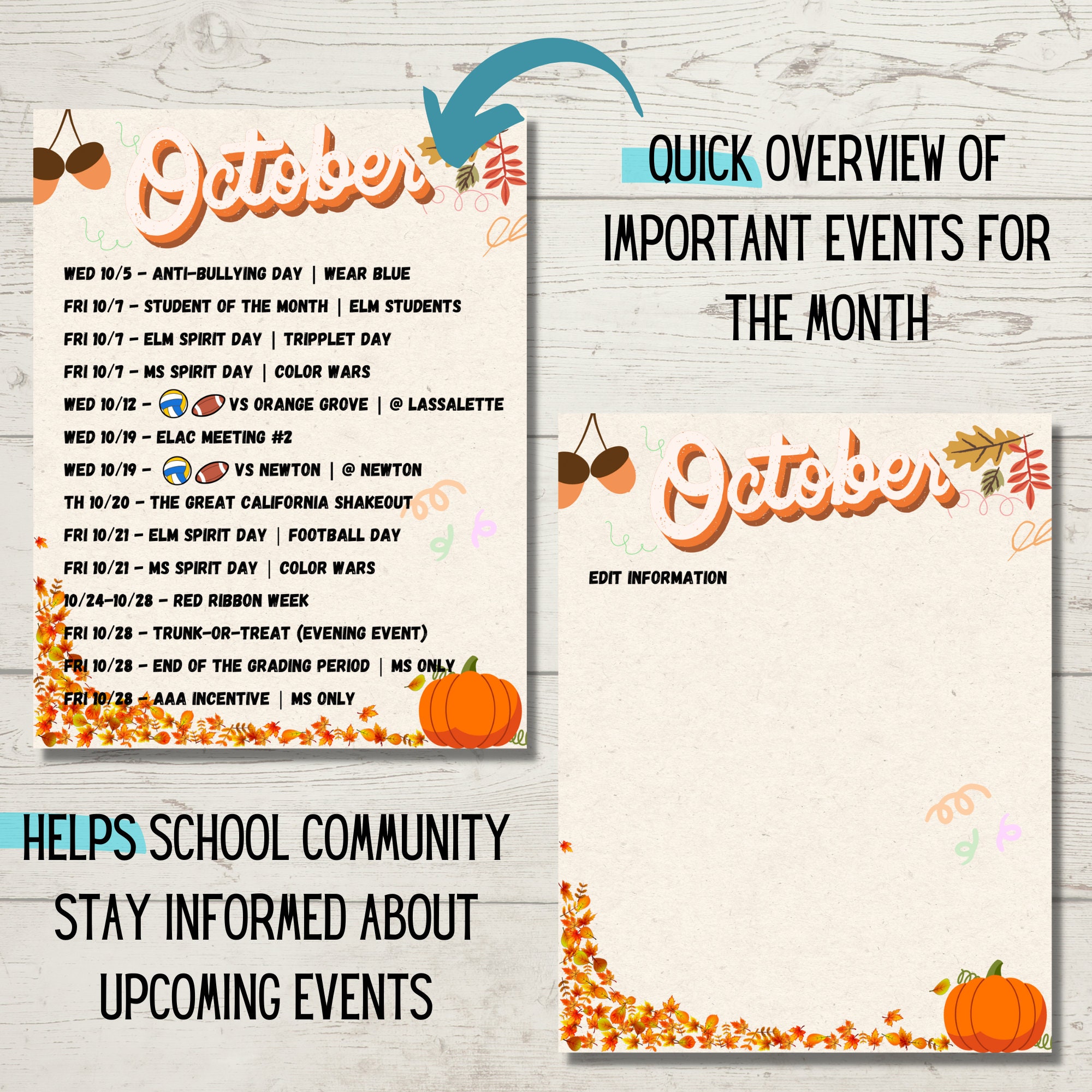 Editable Themed Template for School Events, Monthly Event Calendar ...