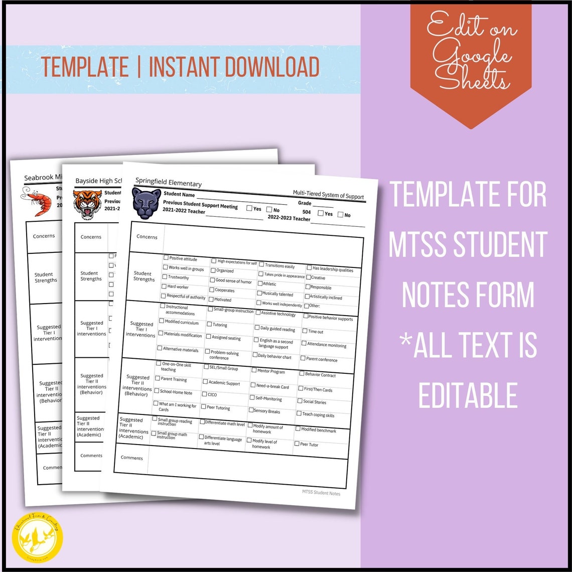 Editable MTSS Student Notes Form Template Printable for Counselors and ...