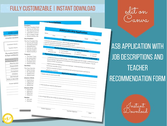 ASB Leadership Application Form Editable Template Printable - Etsy