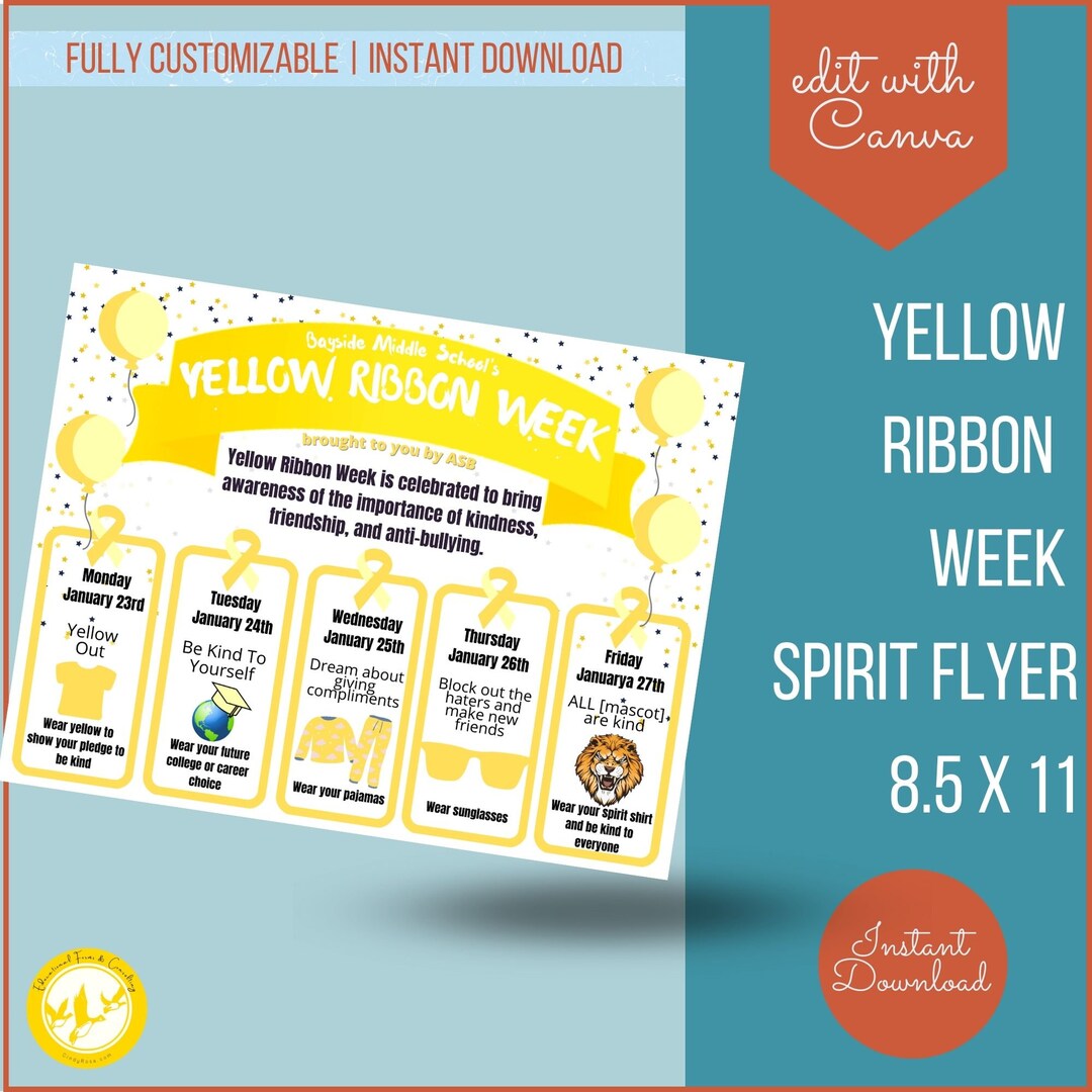 Yellow Ribbon Spirit Week Digital Flyer, Kindness Week Agenda, Anti ...