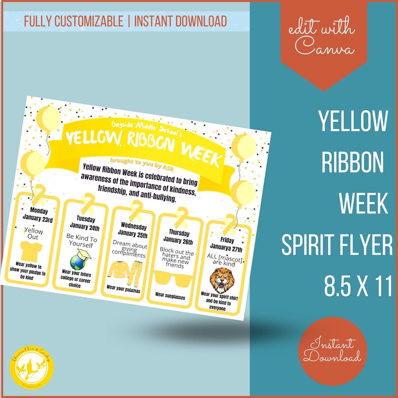 Yellow Ribbon Spirit Week Digital Flyer, Kindness Week Agenda, Anti ...