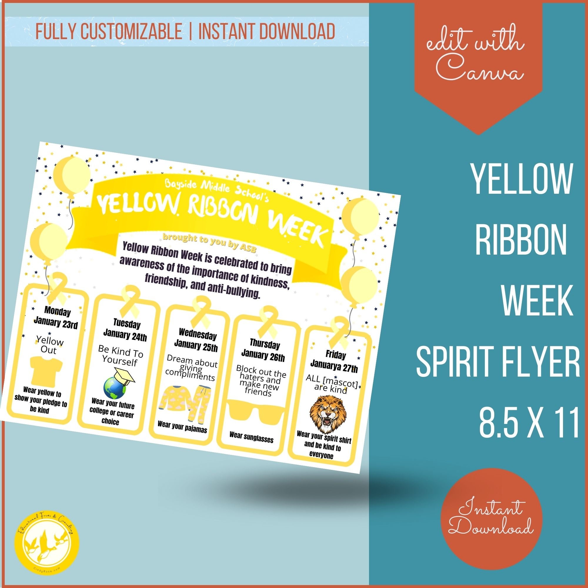Yellow Ribbon Spirit Week Digital Flyer, Kindness Week Agenda, Anti ...